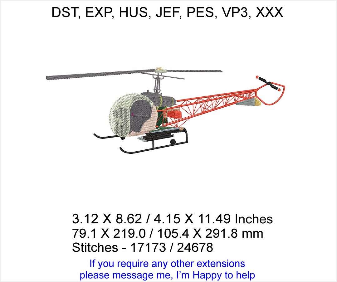 Helicopter - 2 Sizes 4.15 X 11.49 / 3.12 X 8.62 Inches - Machine ...