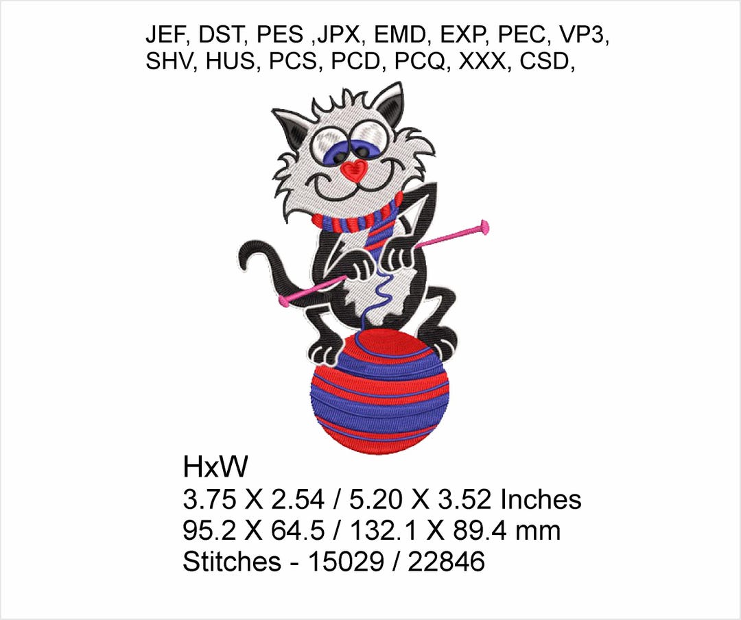 Smitty the Knitting Kitty, Sitting on a Ball of Wool - Size -3.75 X 2. ...