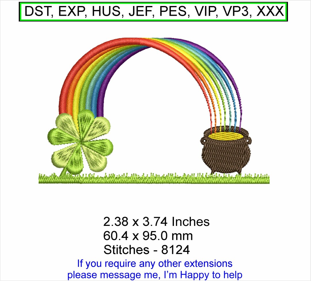 Rainbow Pot of Gold Four Leaf Clover Machine Embroidery Hoop Design ...