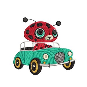 Ladybug Driving a Car - Size 3.11 X 3.34 Inches - Machine Embroidery ...