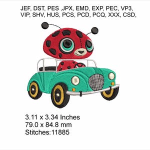 Ladybug Driving a Car - Size 3.11 X 3.34 Inches - Machine Embroidery ...