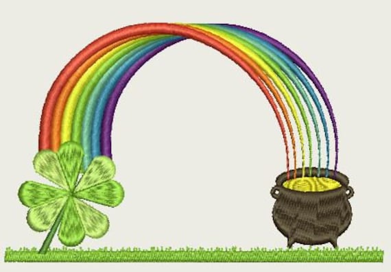 Rainbow Pot of Gold Four Leaf Clover Machine Embroidery | Etsy