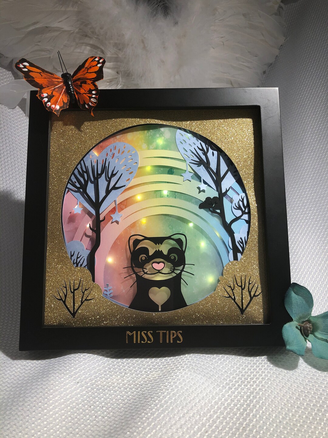 Lighted Ferret Shadow Box With Rainbow Background, Pet Silhouette ...