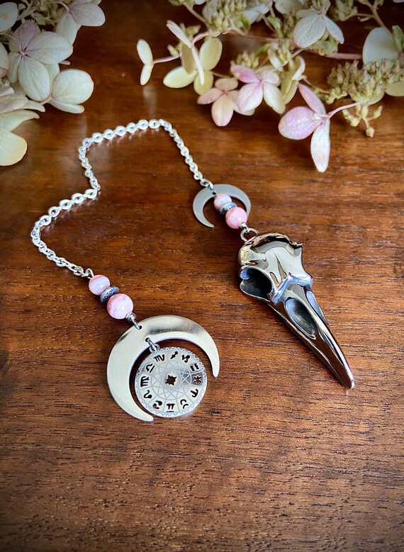 Zodiac Stainless Steel Raven Skull Pendulum With Rhodochrosite - Etsy