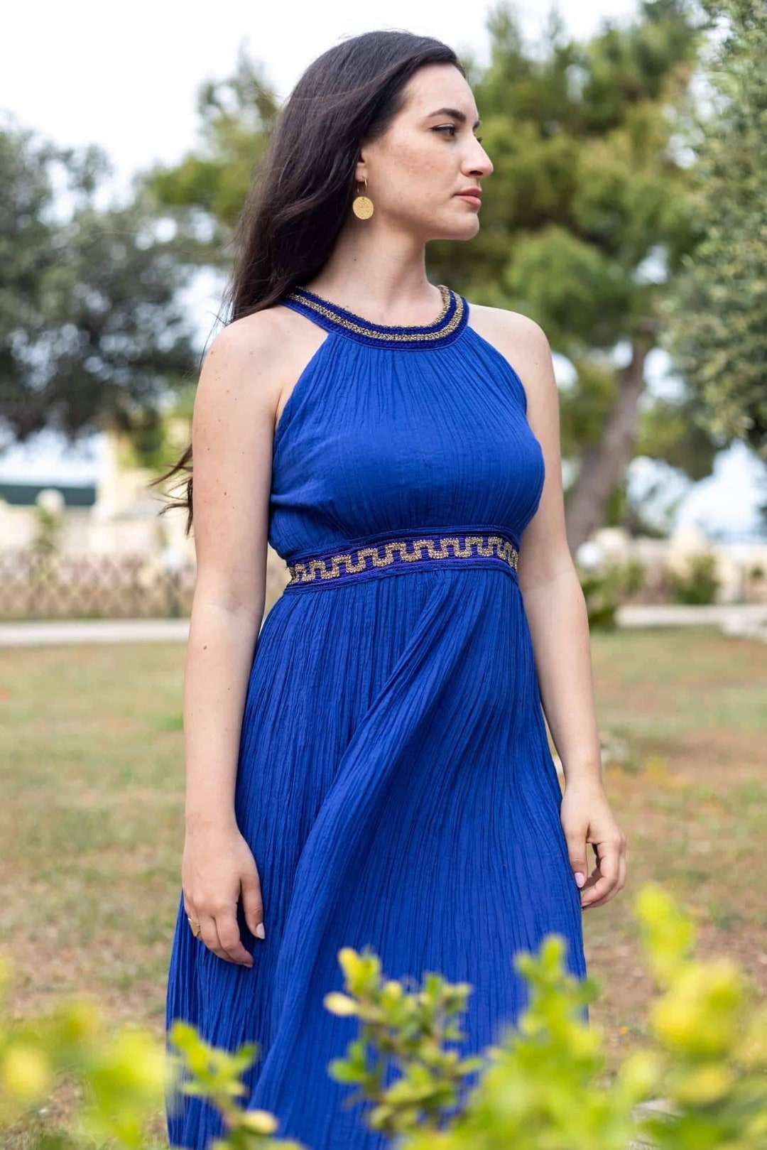 Blue Greek Goddess Dress: Cotton Ankle Length Astarte Gown - Etsy