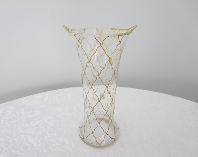Vintage Hand Blown Clear Glass Vase With Gold Criss Cross Applied, 8 ...