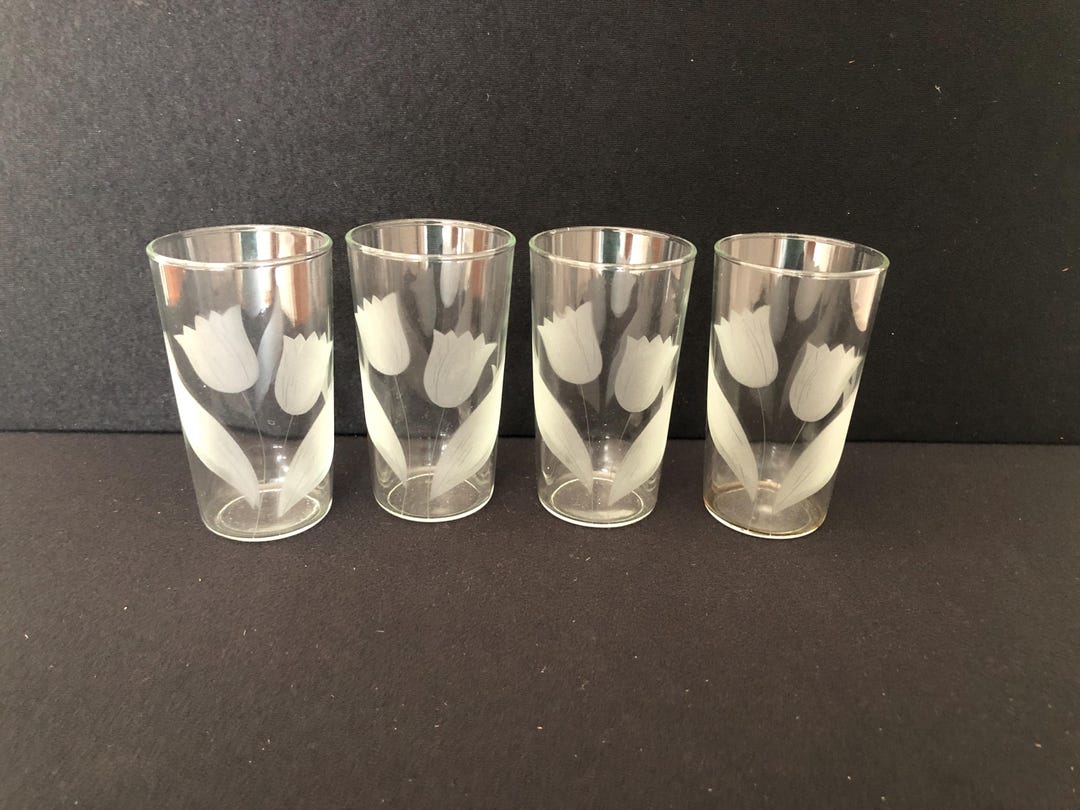 Set of Four (4) Clear Tulip Juice Glasses, 4 3/4" Tall, Etched Juice ...