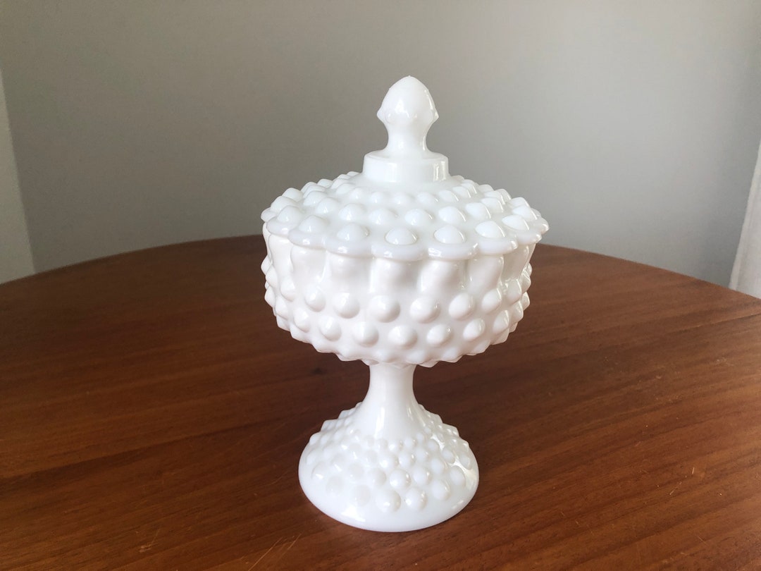 Vintage Fenton Milk Glass Hobnail Footed Candy Box With Lid, Covered ...