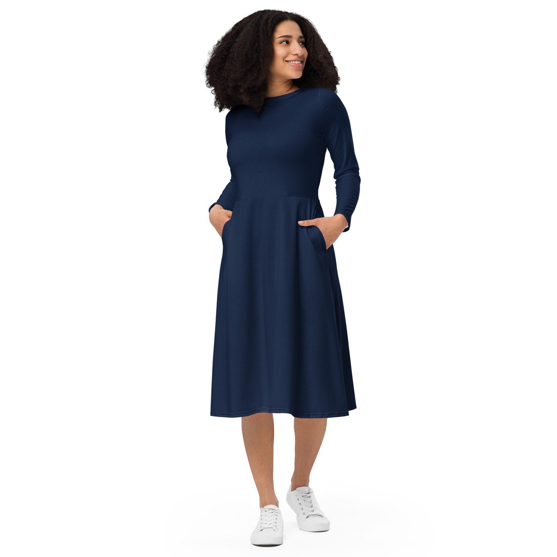 NAVY MIDI DRESS Dark Blue Midi Dress Long Sleeve Dress - Etsy