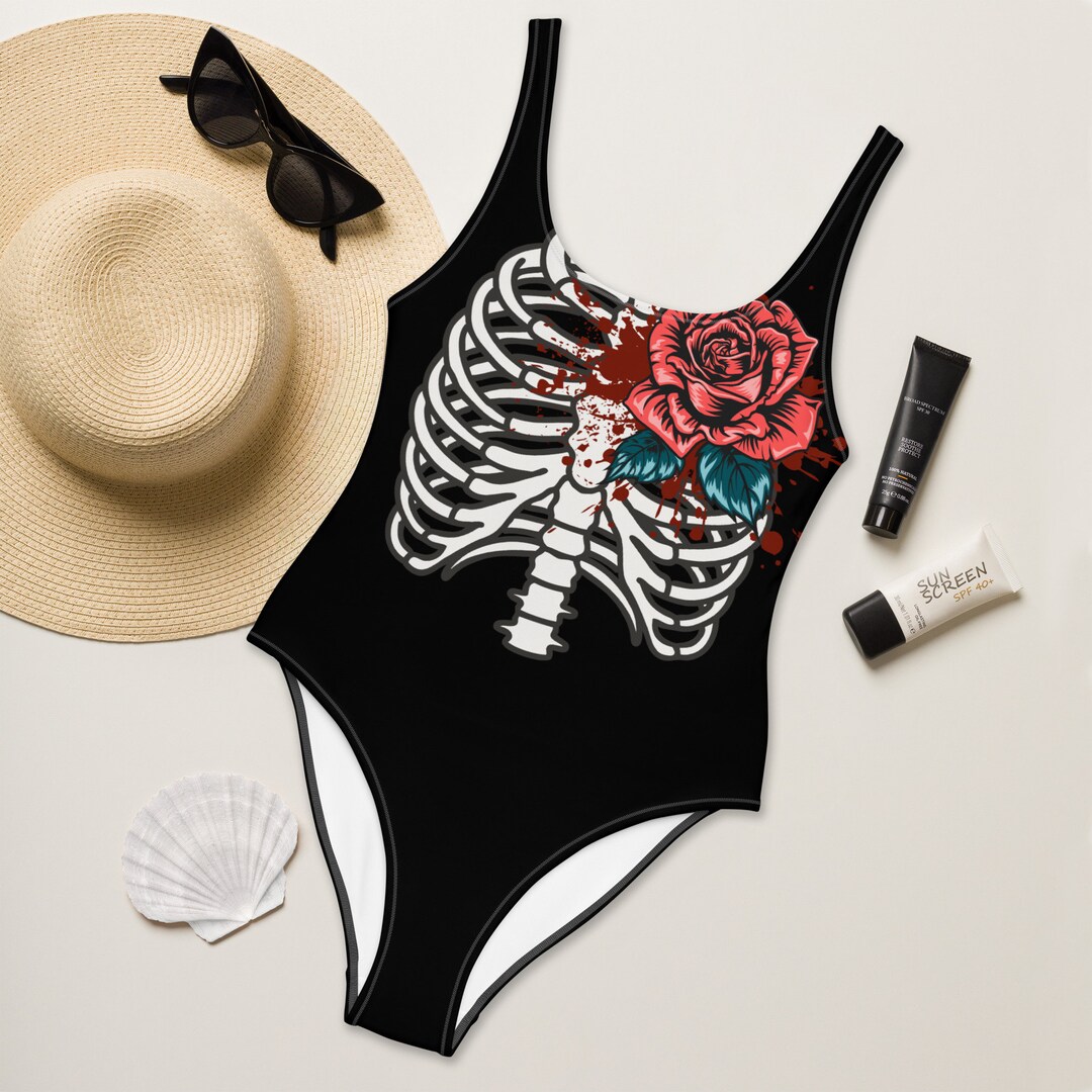SKELETON SWIMSUIT Gothic Swimwear Halloween One Piece Swimsuit Black ...