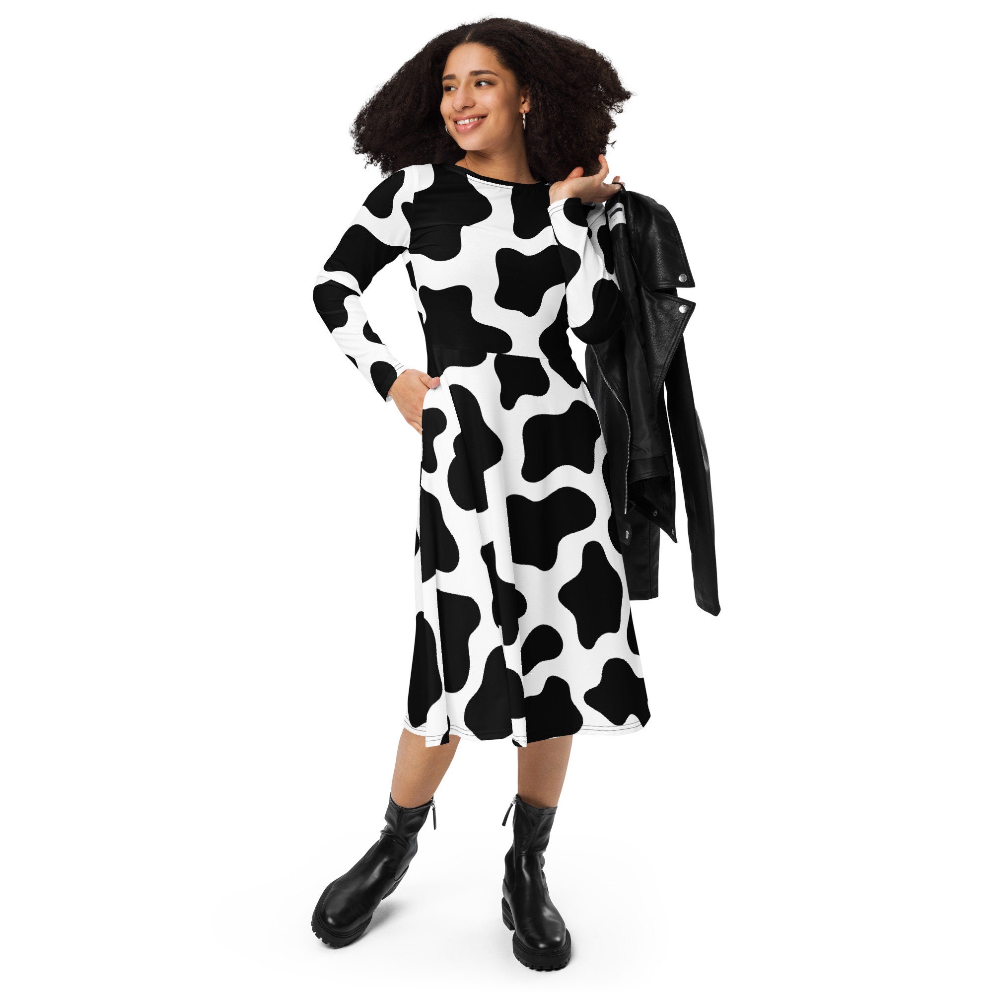 COW PRINT DRESS Cow Pattern Long Sleeve Midi Dress Plus - Etsy