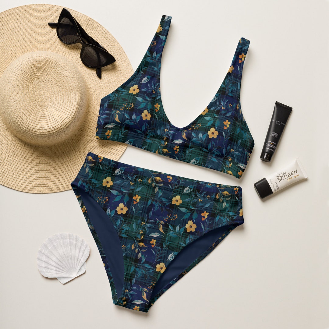 PLAID FLORAL BIKINI Black Watch Plaid Bikini With Watercolor Flowers ...