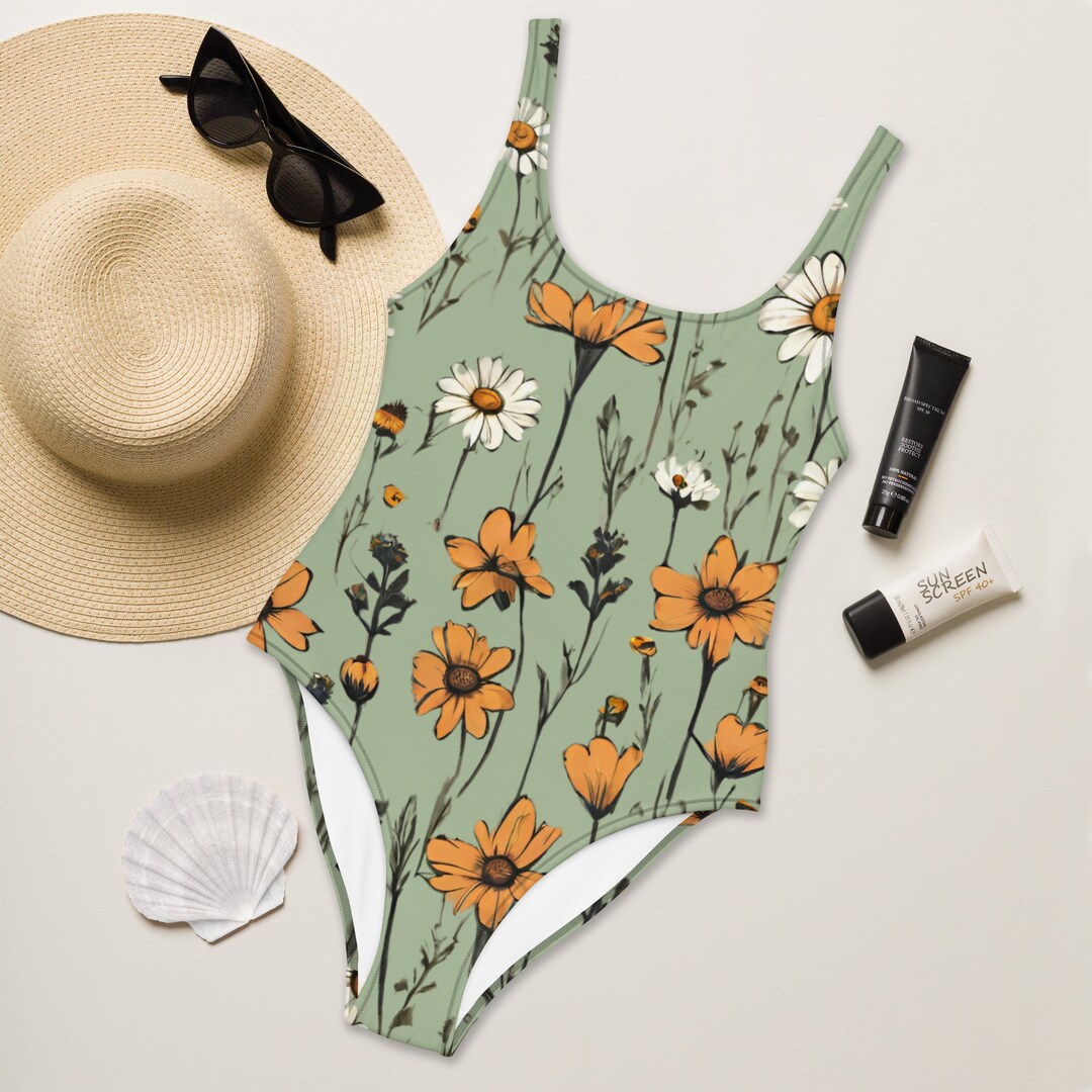 Sage Green Floral One Piece Swimsuit: Boho Chic Swimwear - Etsy
