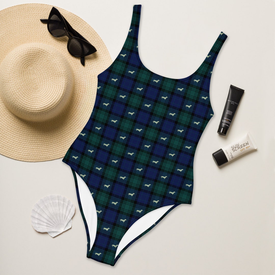 DACHSHUND SWIMSUIT Black Watch Pattern With Small Duchshunds One Piece ...