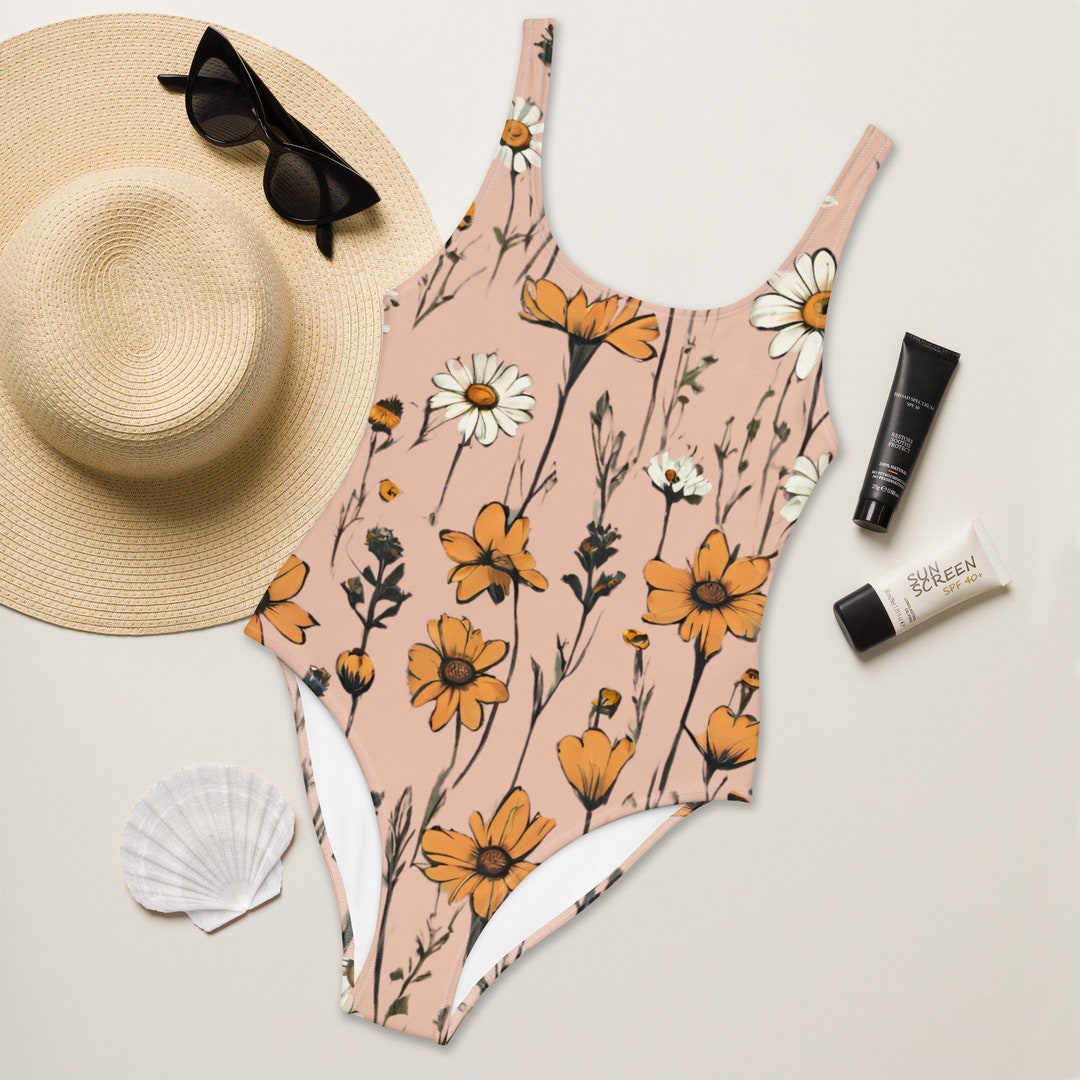 Neutral Floral Swimsuit Beige One Piece Swimsuit With Meadow Flowers ...