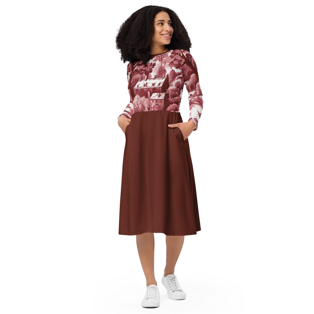 Toile De Jouy Dress Long Sleeve Midi Dress With Pockets Timeless Dress ...