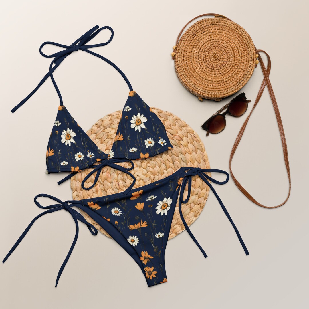 BOHEMIAN TRIANGLE BIKINI Navy Blue Bikini Set With Meadow Flowers Boho ...