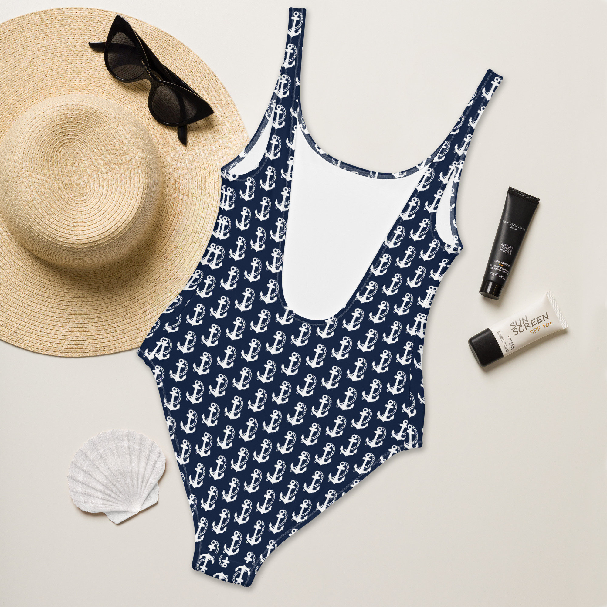MONOGRAMMED NAUTIC SWIMSUIT Anchor Pattern One Piece Swimsuit With ...