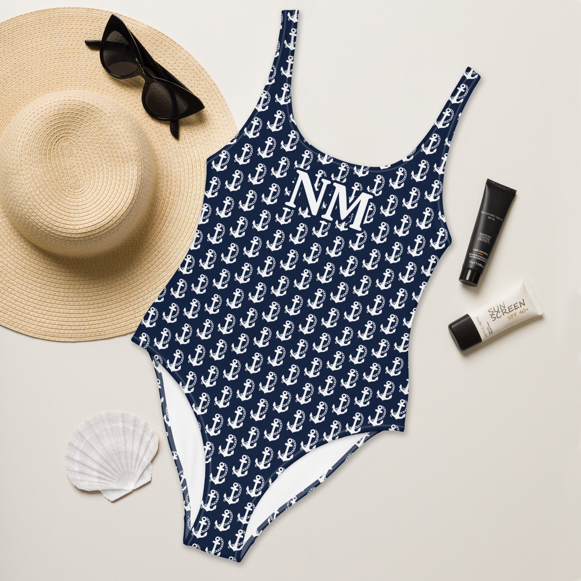Monogrammed Nautic Swimsuit - Anchor Pattern One Piece Swimsuit With ...