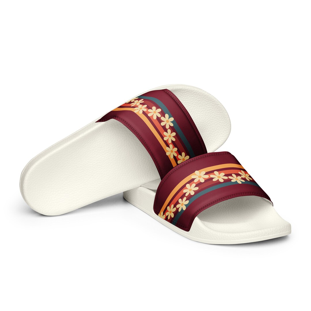 70s INSPIRED SLIDES Burgundy Floral Womens Slides Daisy Pool Shoes ...