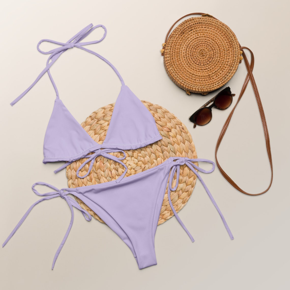 LIGHT PURPLE BIKINI String Bikini Tie Bikini Triangle Bikini 2XS-6XL Pastel Purple Bikini Set ...
