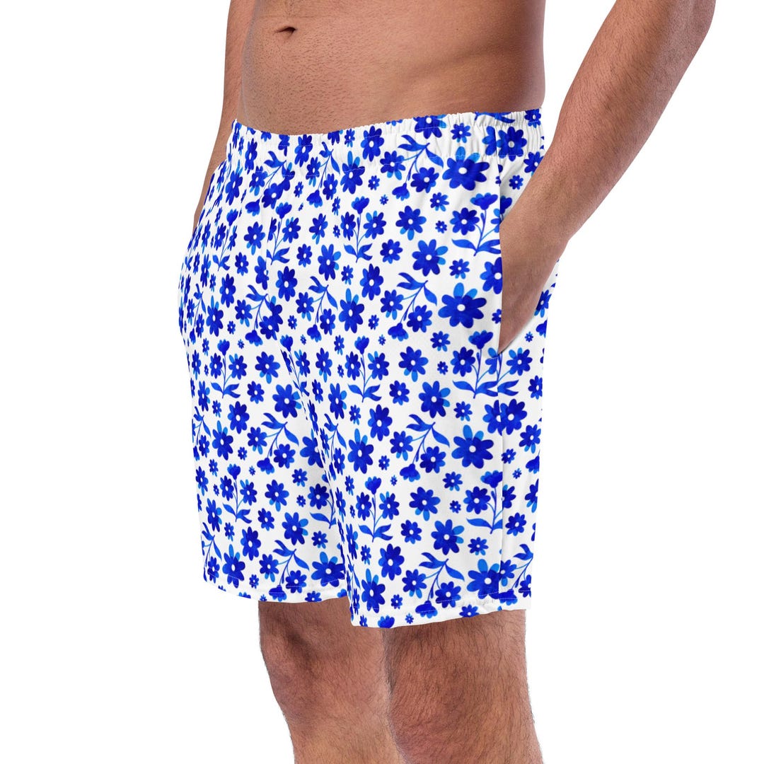 Floral Swim Trunks - White and Blue Swim Trunks - Mens Swimwear ...