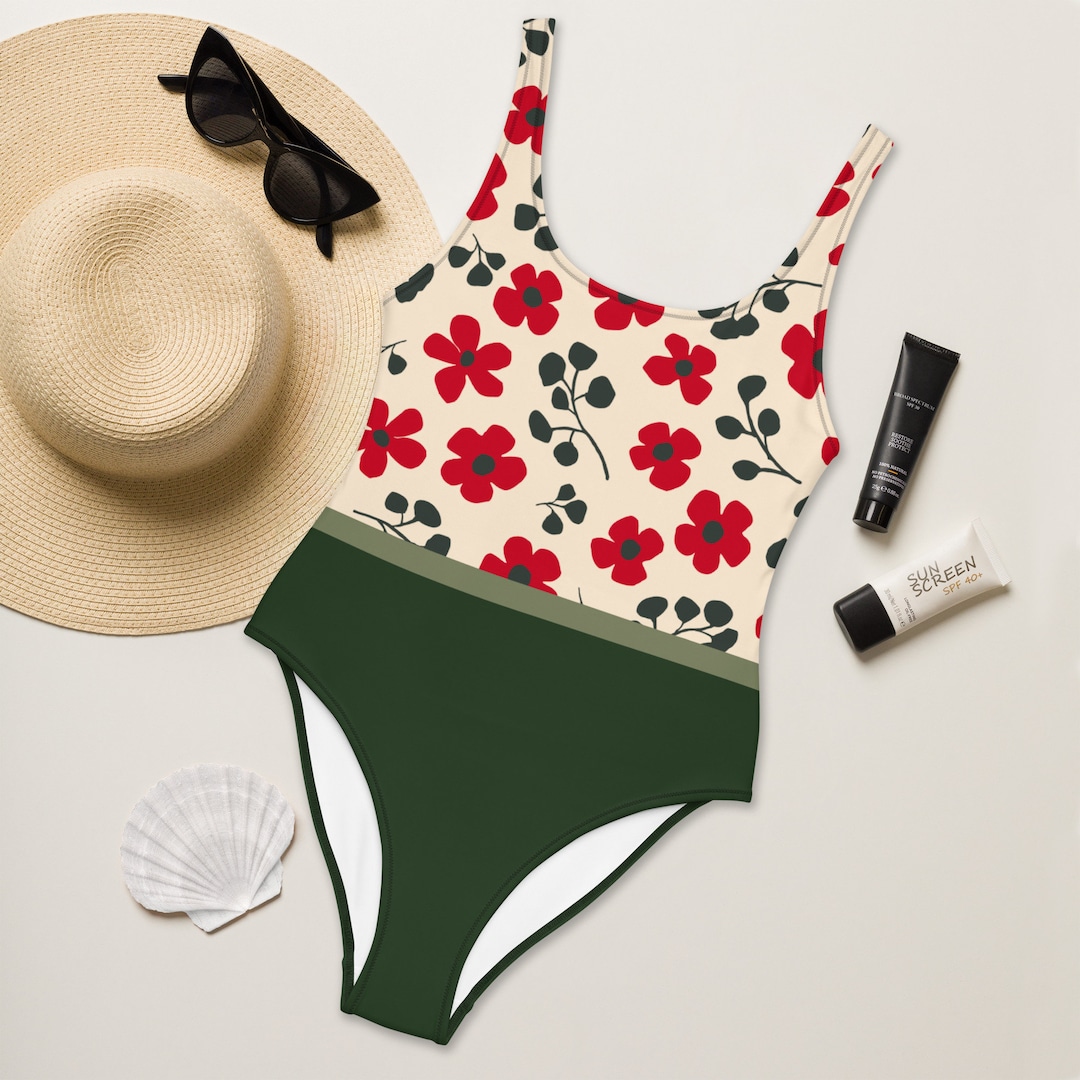 POPPY SWIMSUIT Myrtle Green Swimsuit With Poppy Flowers Vintage Floral ...