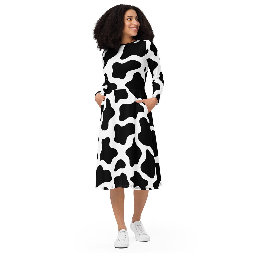 Cow Print Dress Cow Pattern Long Sleeve Midi Dress Plus Size Cowgirl ...