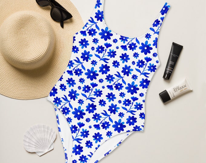 Blue Floral One Piece Swimsuit: White Watercolor Flowers Swimwear - Etsy