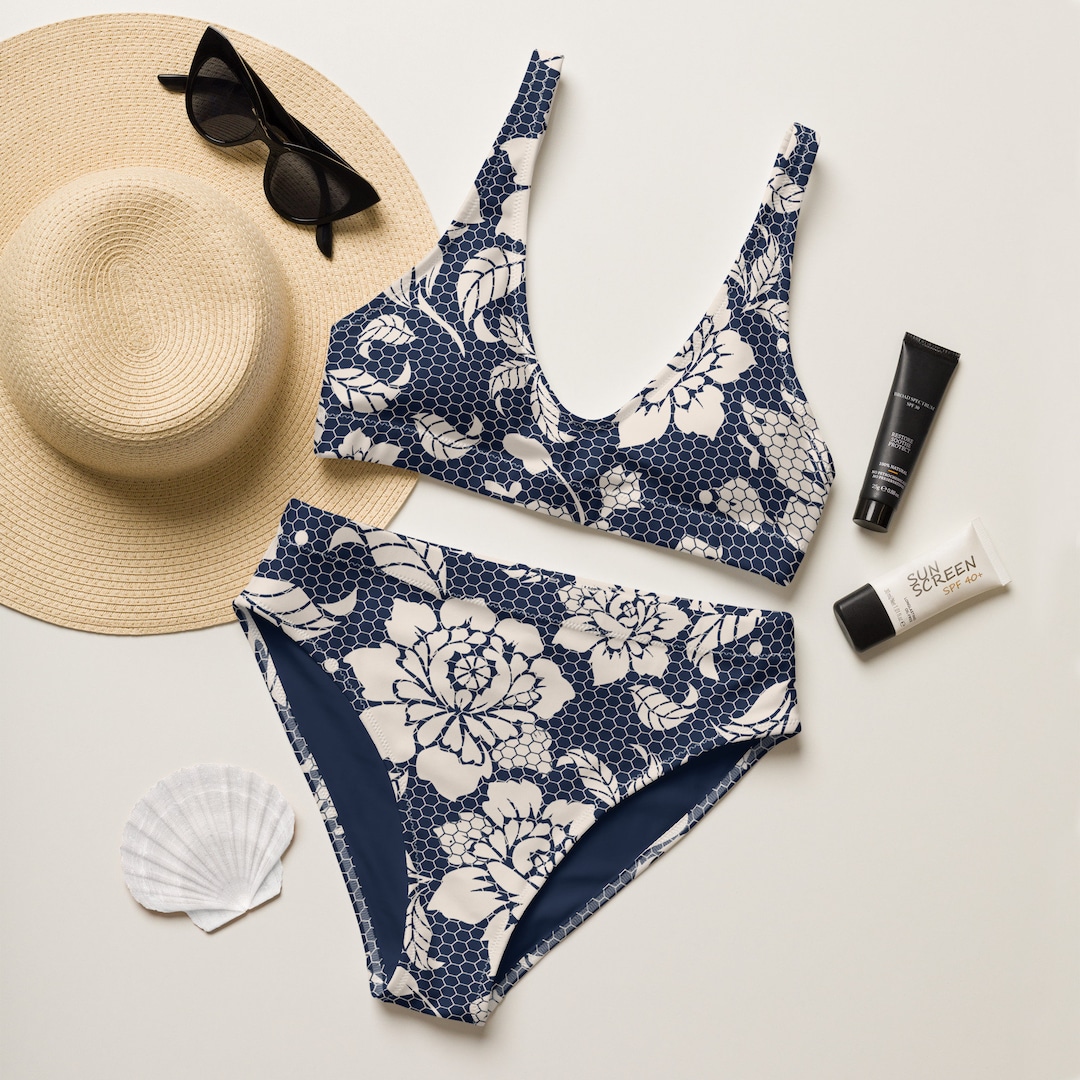 NAVY ROMANTIC BIKINI Dark Blue Bikini Set With Printed Lace - Etsy