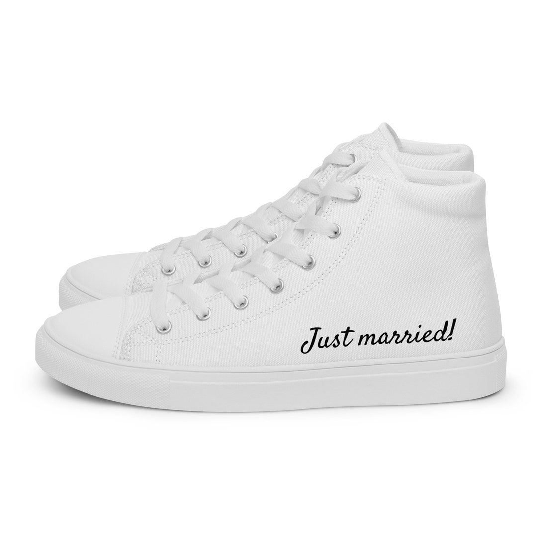 Mens Just Married Chunks White Canvas High Top Shoes With Text Just ...