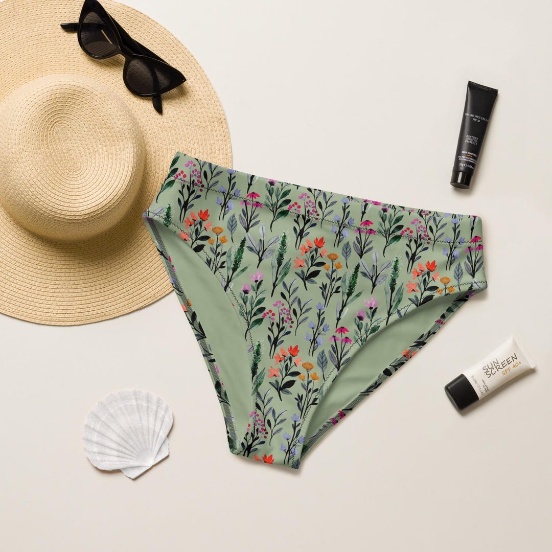 Botanical Bikini Bottom - Flattering High Waisted Bikini Bottoms - Green Retro Floral Bikini ...