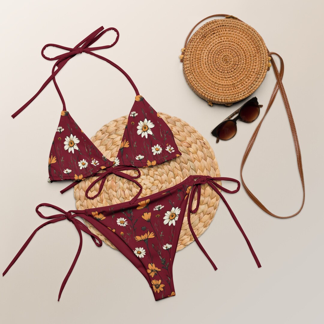 Burgundy Bohemian String Bikini Dark Red Triangle Bikini With Meadow ...