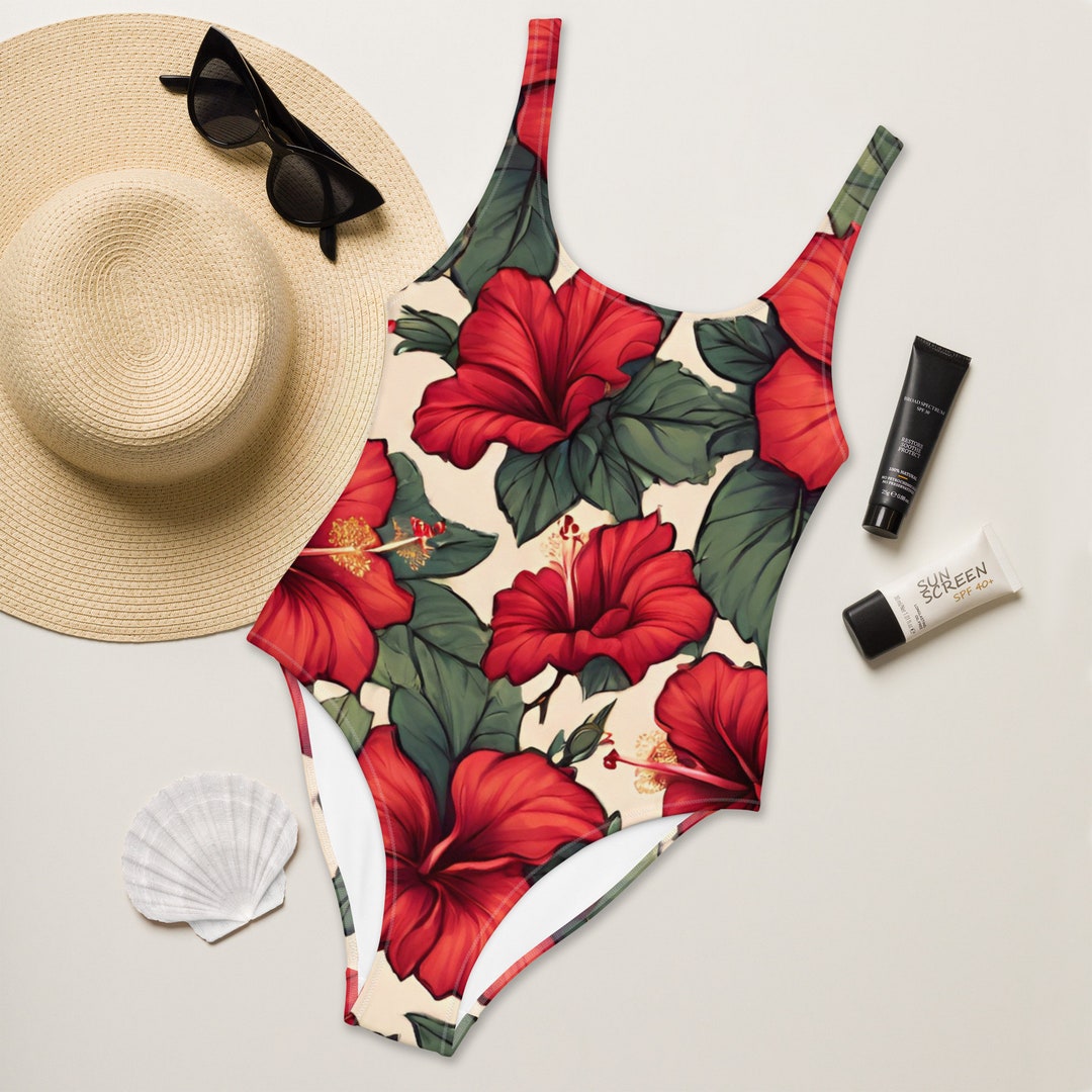 RED FLORAL SWIMSUIT Red Hibiscus Pattern One Piece Swimsuit Vintage ...