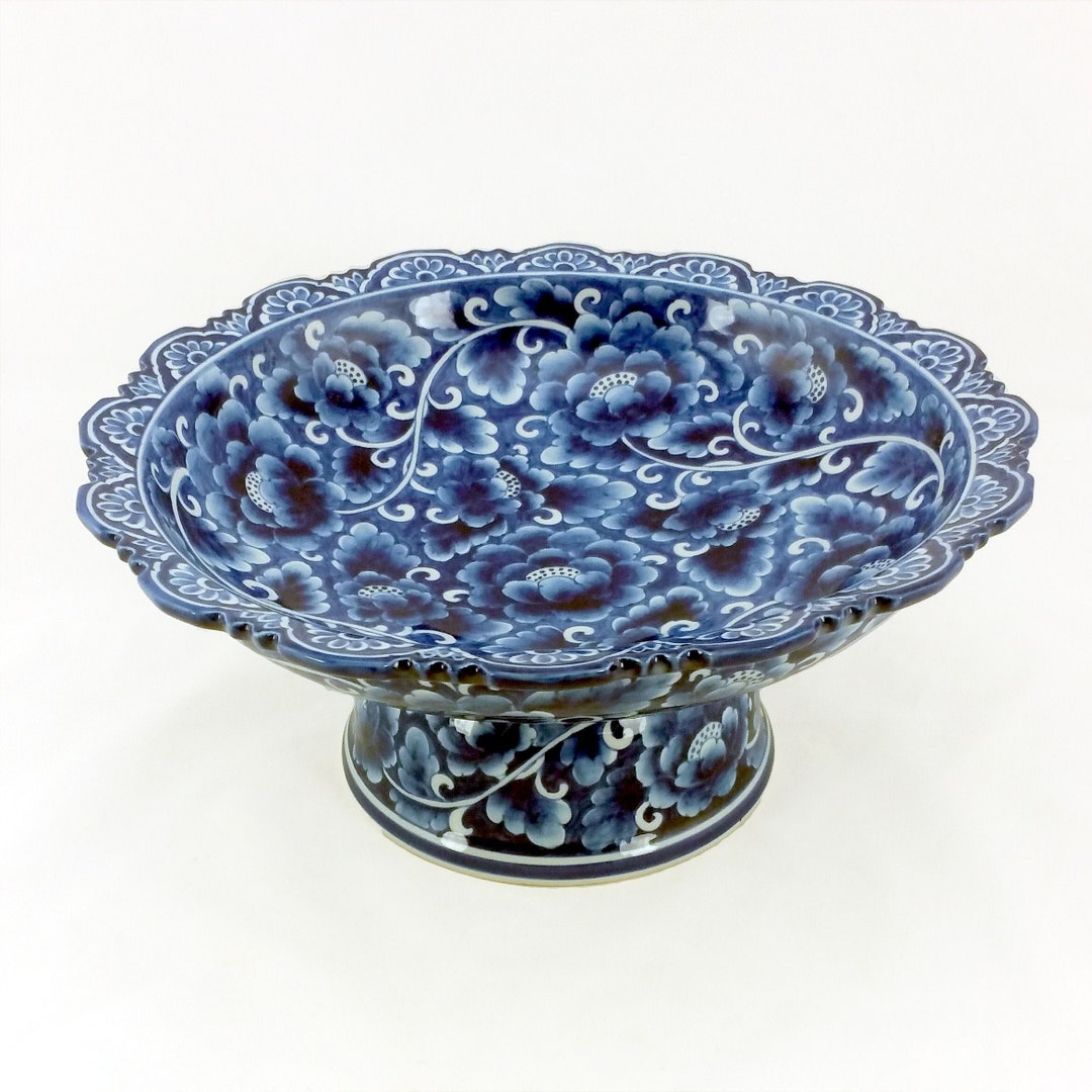 Large Blue White Floral Raised Platter - Etsy
