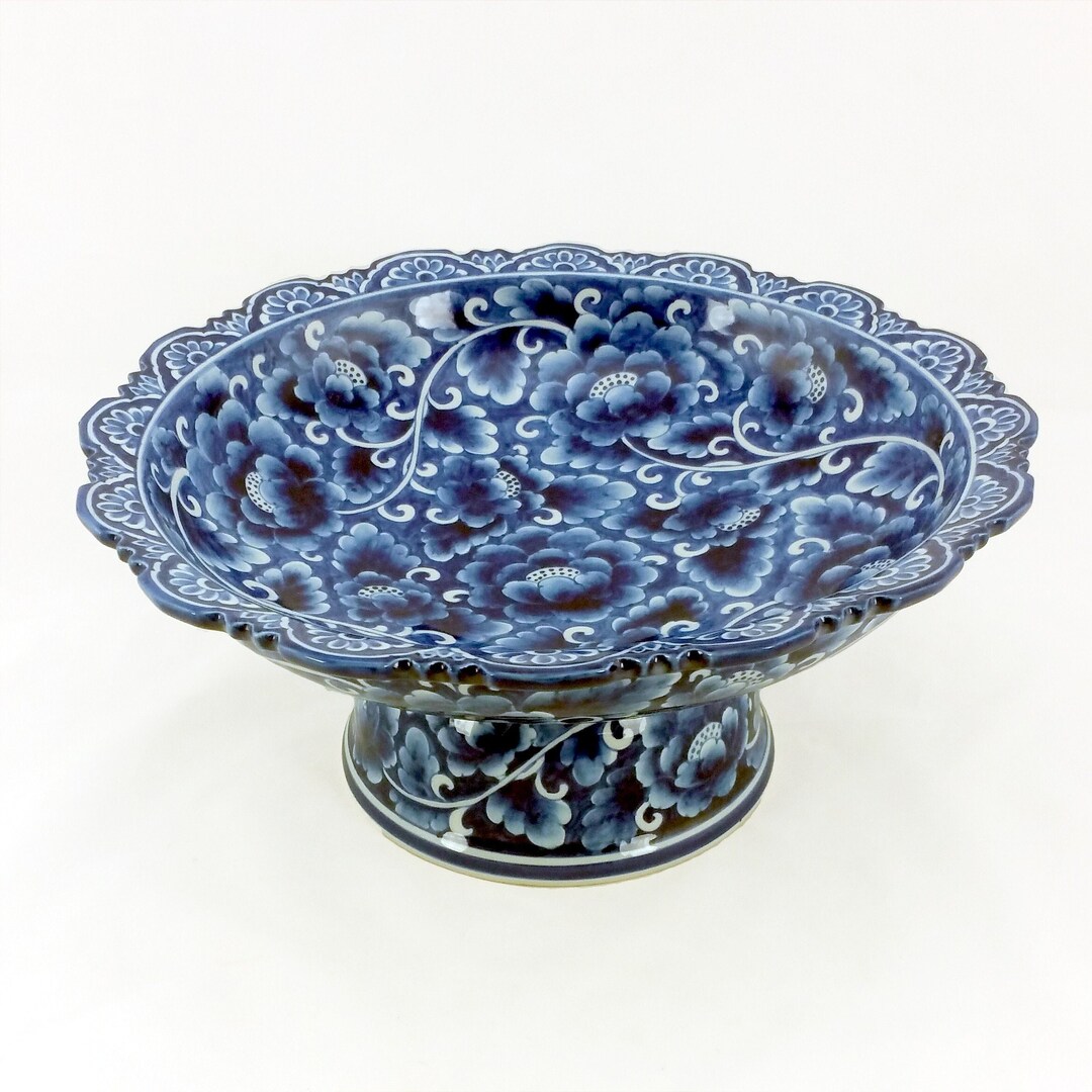 Large Blue White Floral Raised Platter - Etsy