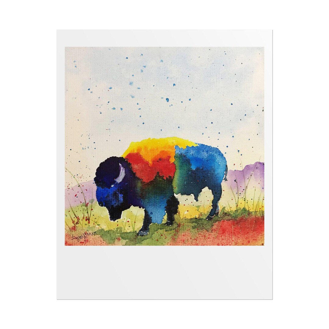 Rainbow Watercolor Bison Rolled Poster | Colorful Buffalo Wall Art - Etsy