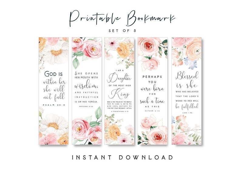 Printable Bible Verses Bookmarks Set of 5 Book Mark Scripture Floral ...