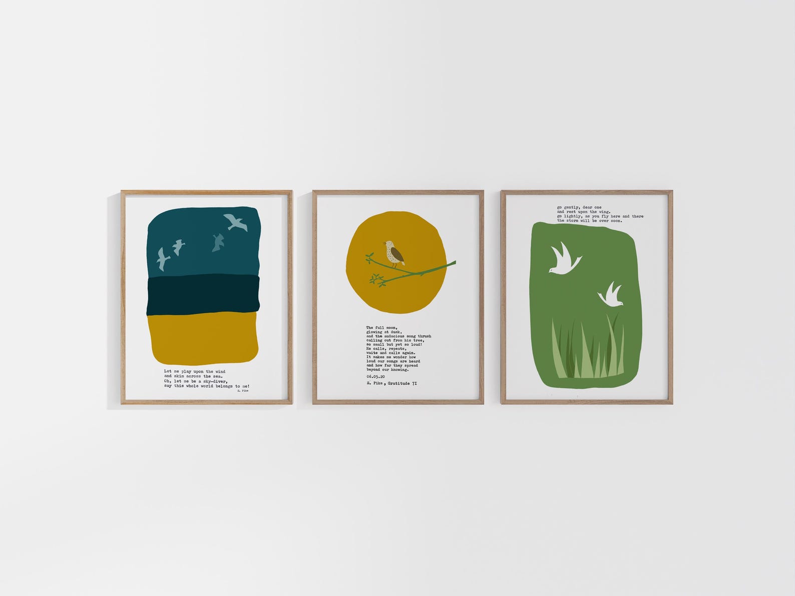 Song Thrush Bird Yellow Green Poem Print, Singing Bird Poem Art ...