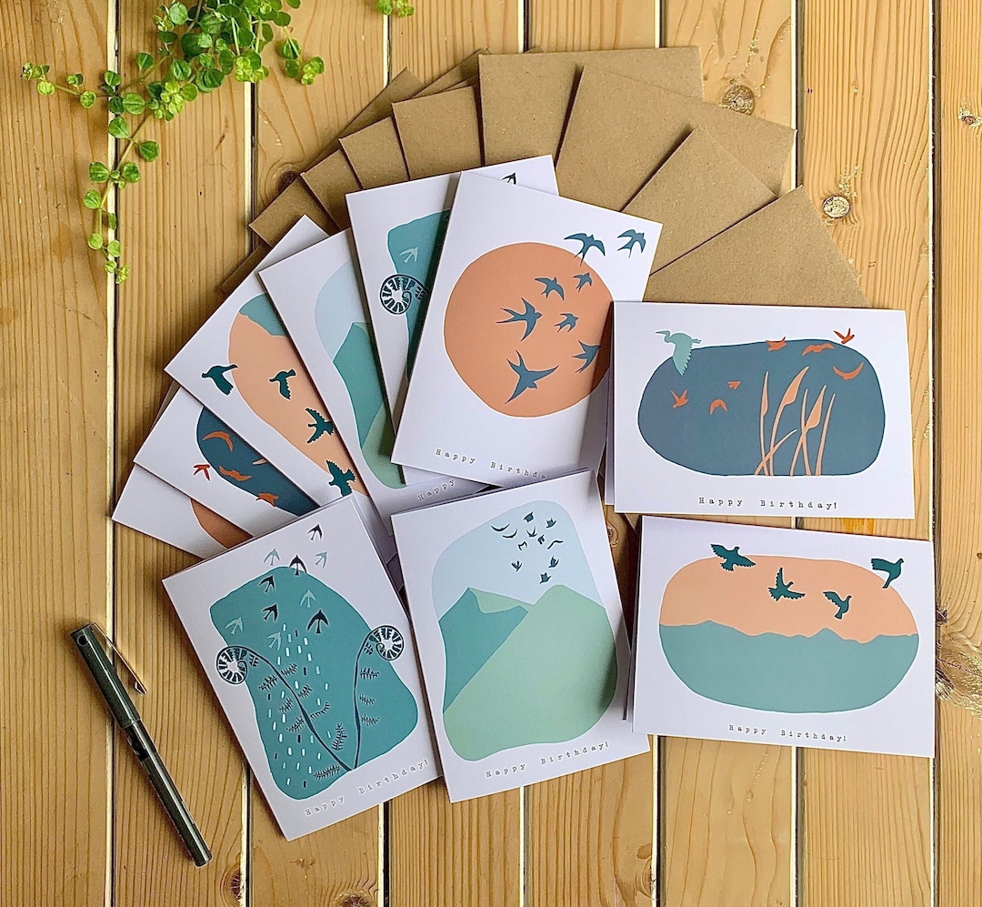 10 X Happy Birthday Birds Card Pack, 10 Pack With Kraft Envelopes, A6 ...