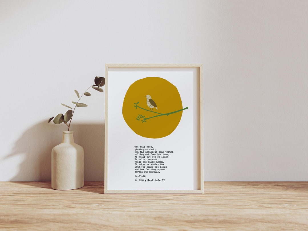 Song Thrush Bird Yellow Green Poem Print, Singing Bird Poem Art ...