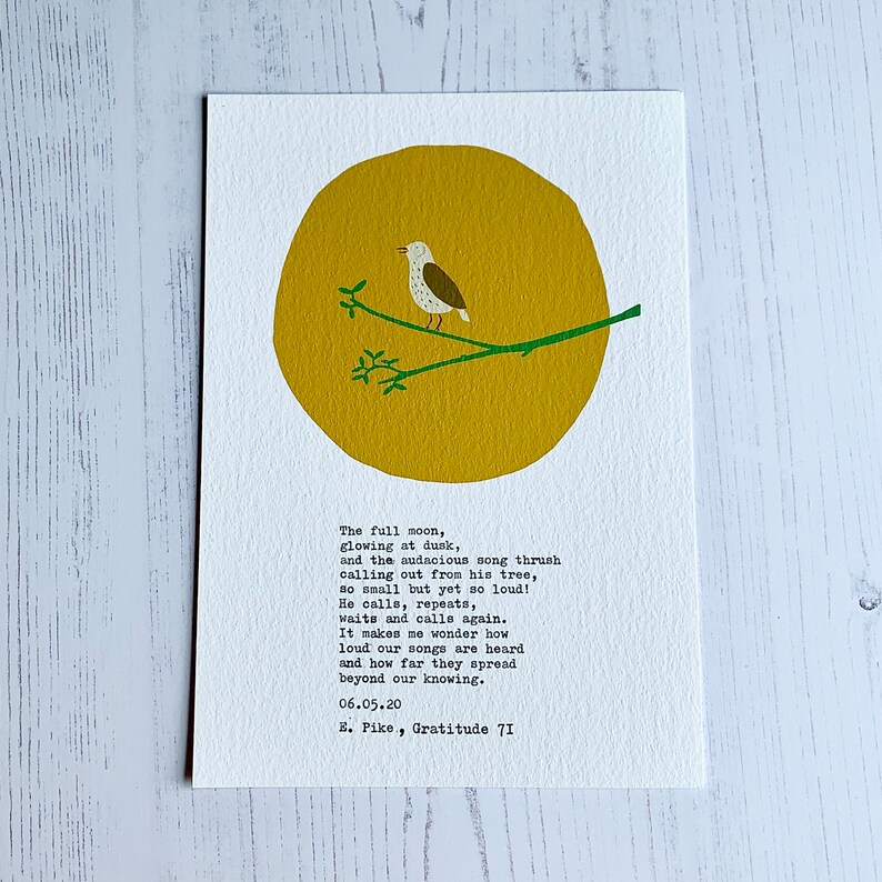 Song Thrush Bird Yellow Green Poem Print, Singing Bird Poem Art ...