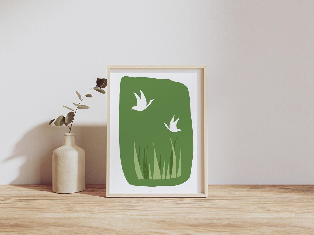 Two White Doves Print, Doves Diving Art Print, Green Bird Art, Dove Art ...