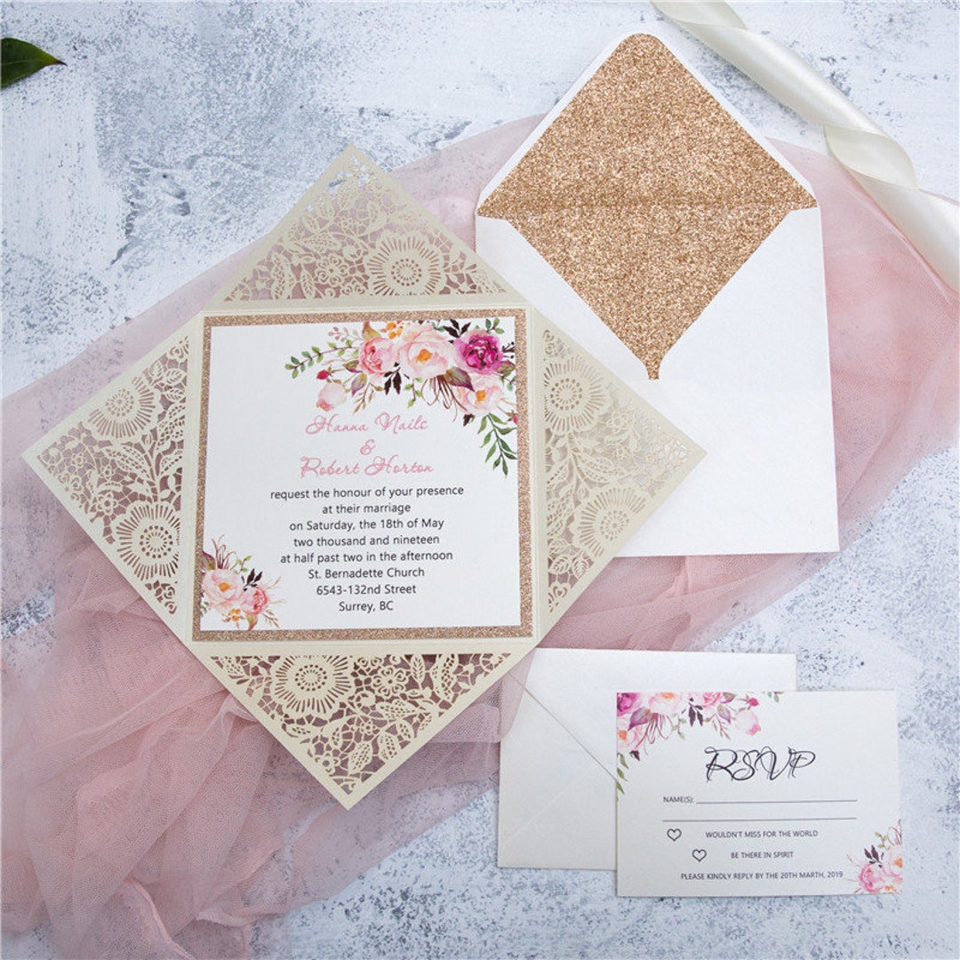 Floral Laser Cut Wedding Invitation: Pocket Fold Stationery - Etsy