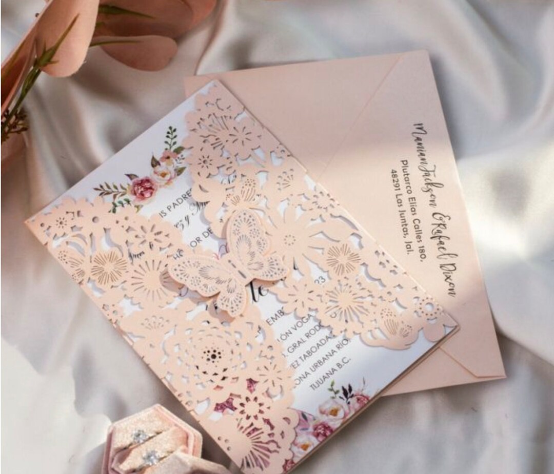 Floral Laser Cut Wedding Invitation: Blush Pocketfold - Etsy