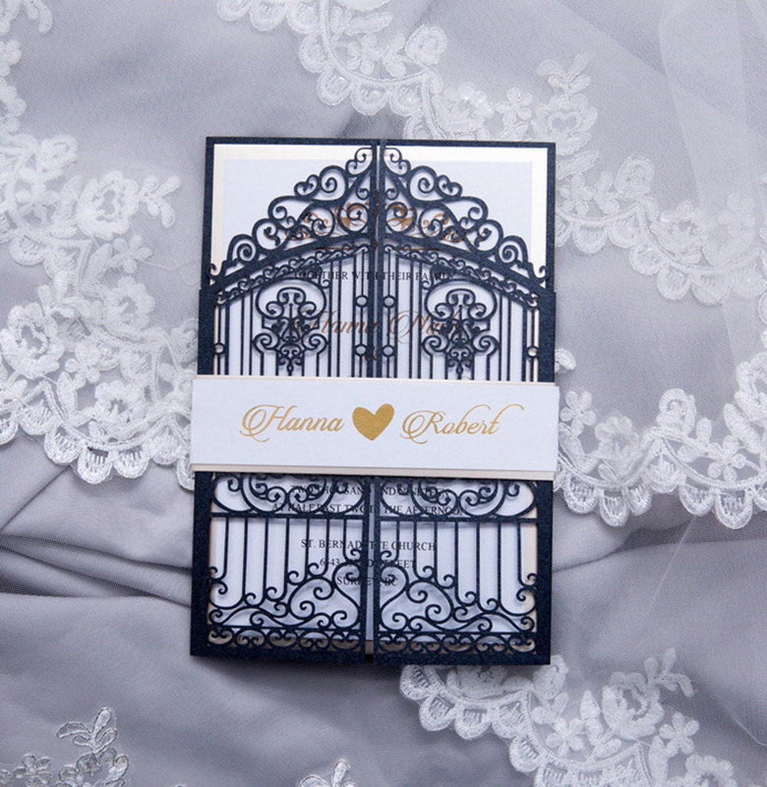 Laser Cut Gate Wedding Invitation: Black Shimmer Pocketfold - Etsy