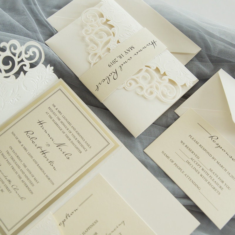 Embossed Laser Cut Wedding Invitation: Navy Pocket Trifold - Etsy