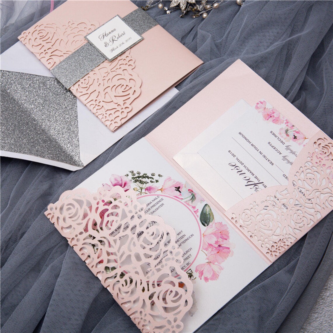 Blush Laser Cut Pocket for Wedding Invitations, Wedding Stationery ...