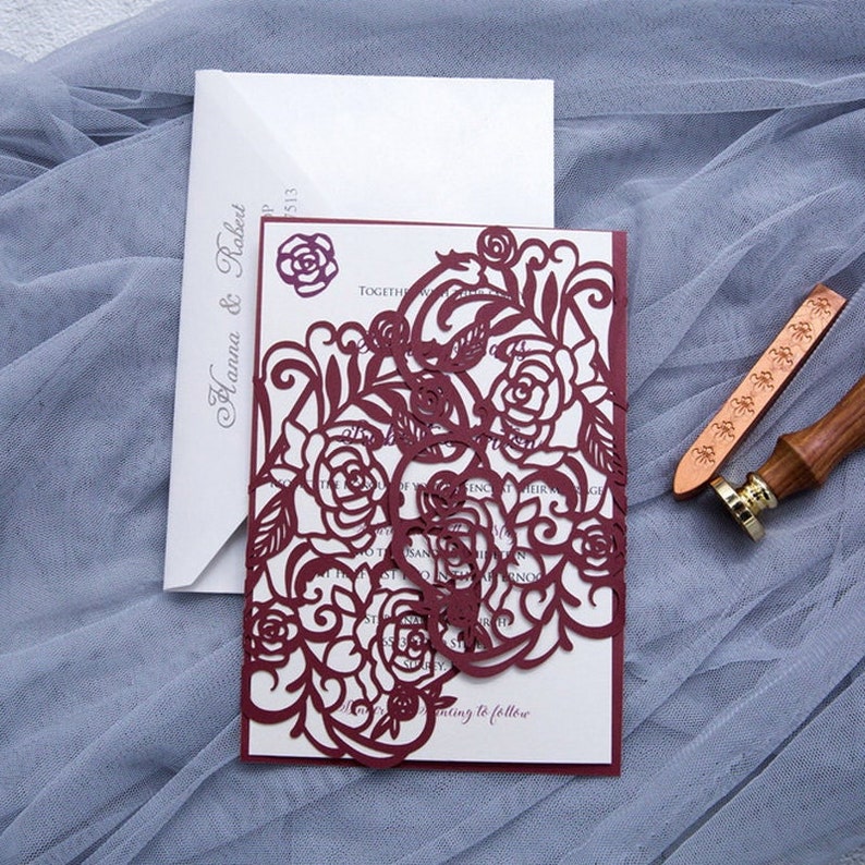 Roses Laser Cut Wedding Invitation, Laser Cut Pocket, Wedding ...