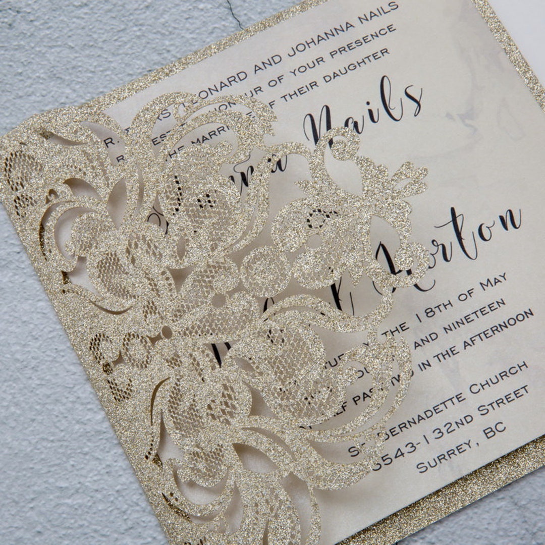 Glitter Laser Cut Wedding Invitation: Champagne Gold Pocket - Etsy